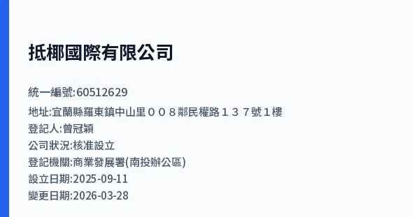抵椰國際有限公司的照片-統編 60512629(宜蘭縣) 公司登記資料與營業項目詳細圖表