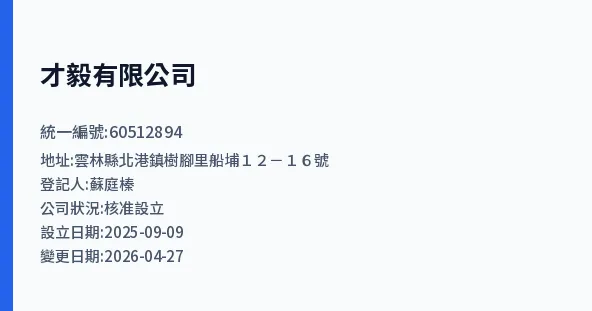 才毅有限公司的照片-統編 60512894(雲林縣) 公司登記資料與營業項目詳細圖表