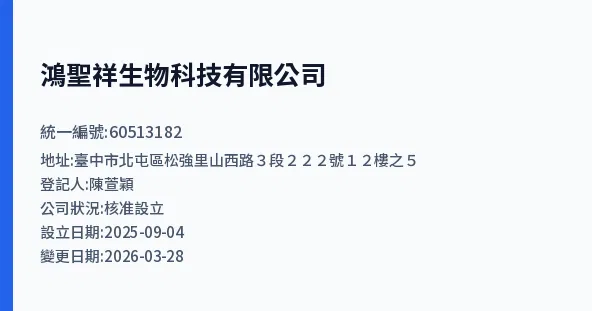 鴻聖祥生物科技有限公司的照片-統編 60513182(臺中市) 公司登記資料與營業項目詳細圖表
