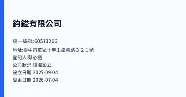 鈞鎰有限公司的照片-統編 60513296(臺中市) 公司登記資料與營業項目詳細圖表