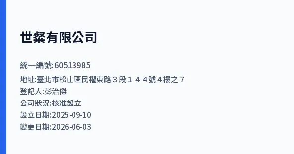 世粲有限公司的照片-統編 60513985(臺北市) 公司登記資料與營業項目詳細圖表