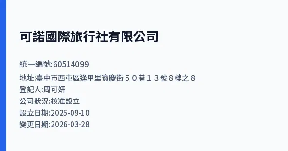 可諾國際旅行社有限公司的照片-統編 60514099(臺中市) 公司登記資料與營業項目詳細圖表