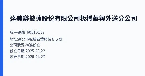 達美樂披薩股份有限公司板橋華興外送分公司的照片-統編 60515153(新北市) 公司登記資料與營業項目詳細圖表