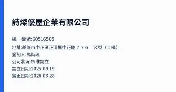 詩燦優屋企業有限公司的照片-統編 60516505(基隆市) 公司登記資料與營業項目詳細圖表