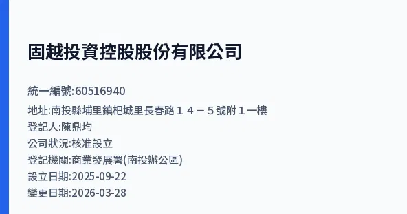 固越投資控股股份有限公司的照片-統編 60516940(南投縣) 公司登記資料與營業項目詳細圖表