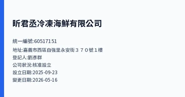 盺君丞冷凍海鮮有限公司的照片-統編 60517151(嘉義市) 公司登記資料與營業項目詳細圖表