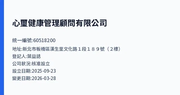 心璽健康管理顧問有限公司的照片-統編 60518200(新北市) 公司登記資料與營業項目詳細圖表