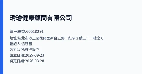 琇璯健康顧問有限公司的照片-統編 60518291(新北市) 公司登記資料與營業項目詳細圖表