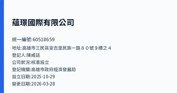 蘊璟國際有限公司的照片-統編 60518659(高雄市) 公司登記資料與營業項目詳細圖表