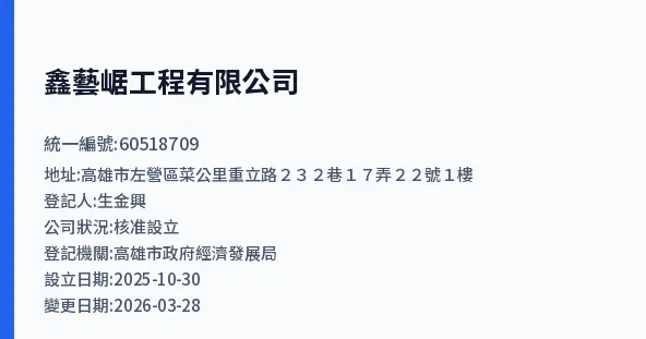 鑫藝崌工程有限公司的照片-統編 60518709(高雄市) 公司登記資料與營業項目詳細圖表