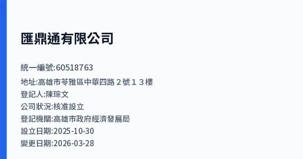 匯鼎通有限公司的照片-統編 60518763(高雄市) 公司登記資料與營業項目詳細圖表