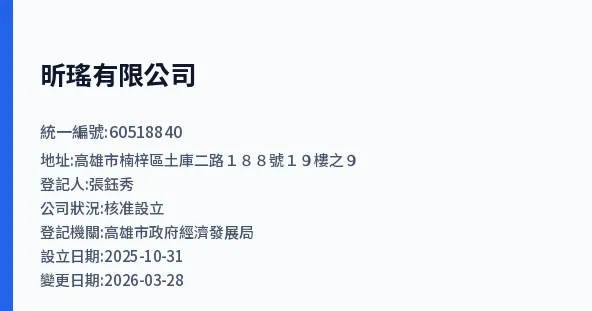 昕瑤有限公司的照片-統編 60518840(高雄市) 公司登記資料與營業項目詳細圖表