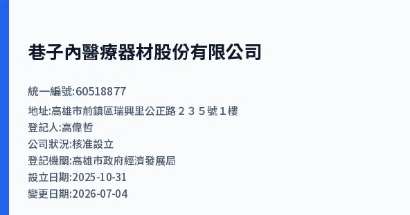 巷子內醫療器材股份有限公司的照片-統編 60518877(高雄市) 公司登記資料與營業項目詳細圖表