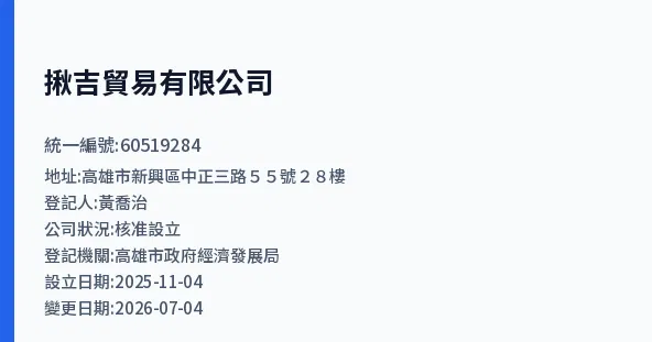 揪吉貿易有限公司的照片-統編 60519284(高雄市) 公司登記資料與營業項目詳細圖表