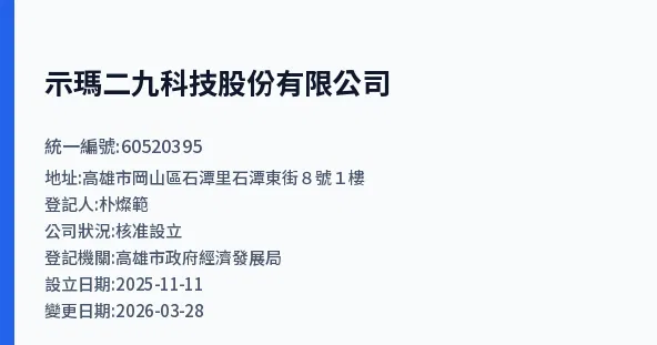 示瑪二九科技股份有限公司的照片-統編 60520395(高雄市) 公司登記資料與營業項目詳細圖表