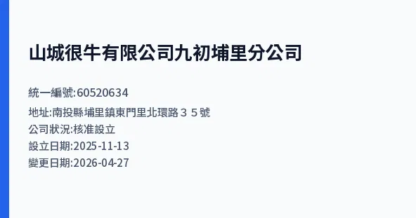 山城很牛有限公司九初埔里分公司的照片-統編 60520634(南投縣) 公司登記資料與營業項目詳細圖表