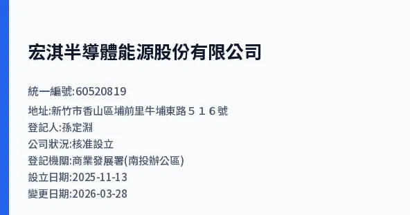 宏淇半導體能源股份有限公司的照片-統編 60520819(新竹市) 公司登記資料與營業項目詳細圖表