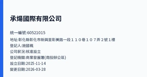 承煬國際有限公司的照片-統編 60521015(彰化縣) 公司登記資料與營業項目詳細圖表