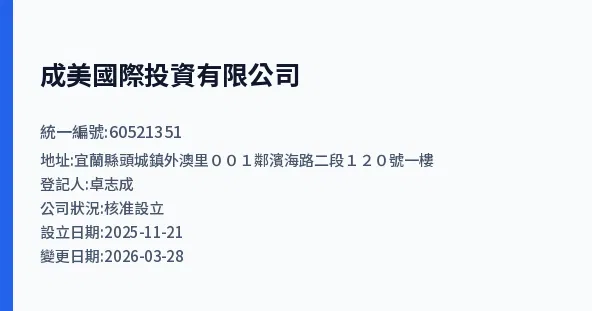 成美國際投資有限公司的照片-統編 60521351(宜蘭縣) 公司登記資料與營業項目詳細圖表