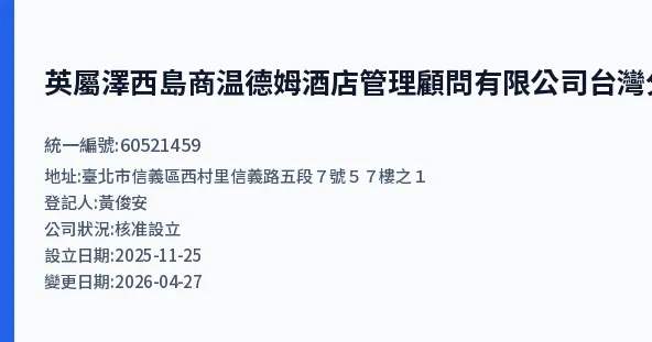 英屬澤西島商温德姆酒店管理顧問有限公司台灣分公司的照片-統編 60521459(臺北市) 公司登記資料與營業項目詳細圖表