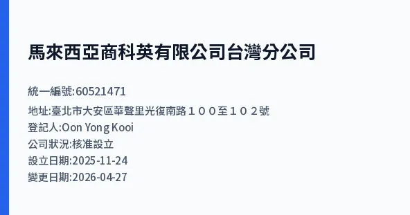 馬來西亞商科英有限公司台灣分公司的照片-統編 60521471(臺北市) 公司登記資料與營業項目詳細圖表