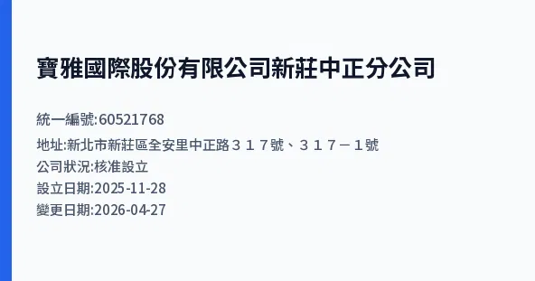 寶雅國際股份有限公司新莊中正分公司的照片-統編 60521768(新北市) 公司登記資料與營業項目詳細圖表