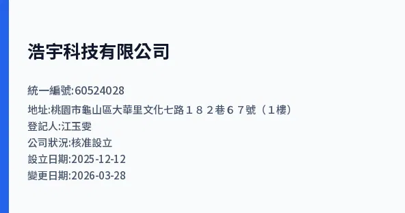 浩宇科技有限公司的照片-統編 60524028(桃園市) 公司登記資料與營業項目詳細圖表