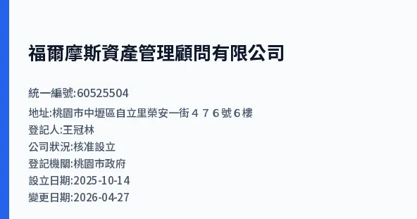 福爾摩斯資產管理顧問有限公司的照片-統編 60525504(桃園市) 公司登記資料與營業項目詳細圖表