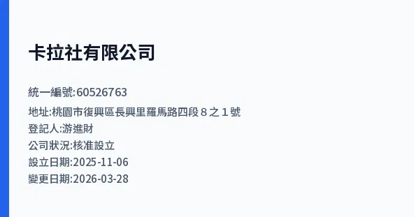卡拉社有限公司的照片-統編 60526763(桃園市) 公司登記資料與營業項目詳細圖表