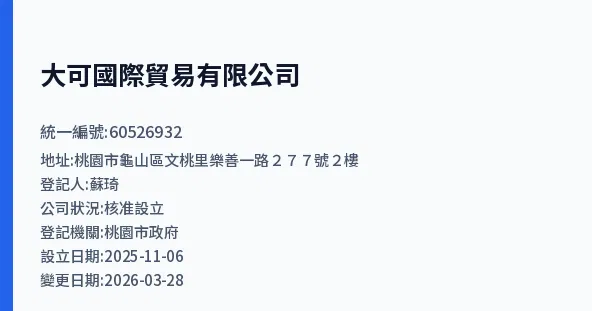 大可國際貿易有限公司的照片-統編 60526932(桃園市) 公司登記資料與營業項目詳細圖表