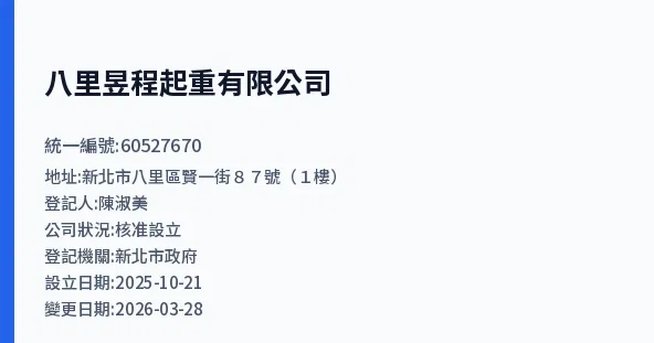 八里昱程起重有限公司的照片-統編 60527670(新北市) 公司登記資料與營業項目詳細圖表
