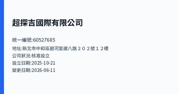 超探吉國際有限公司的照片-統編 60527685 公司登記資料與營業項目詳細圖表