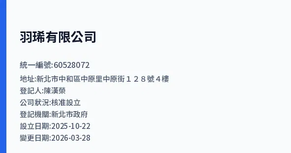 羽琋有限公司的照片-統編 60528072(新北市) 公司登記資料與營業項目詳細圖表