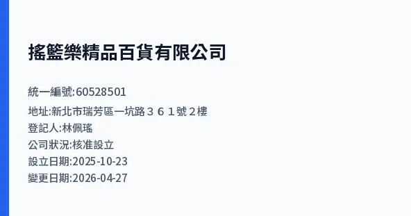 搖籃樂精品百貨有限公司的照片-統編 60528501(新北市) 公司登記資料與營業項目詳細圖表