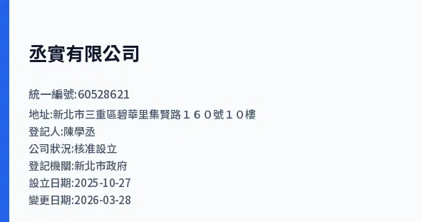 丞實有限公司的照片-統編 60528621(新北市) 公司登記資料與營業項目詳細圖表