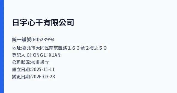 日宇心干有限公司的照片-統編 60528994(臺北市) 公司登記資料與營業項目詳細圖表