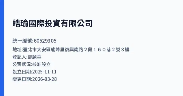 皓瑜國際投資有限公司的照片-統編 60529305(臺北市) 公司登記資料與營業項目詳細圖表