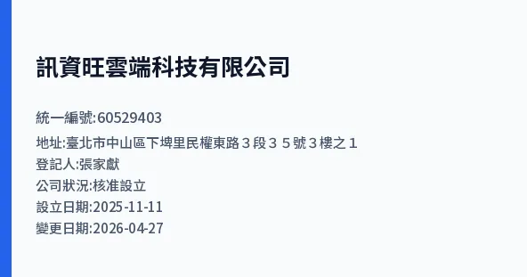 訊資旺雲端科技有限公司的照片-統編 60529403(臺北市) 公司登記資料與營業項目詳細圖表