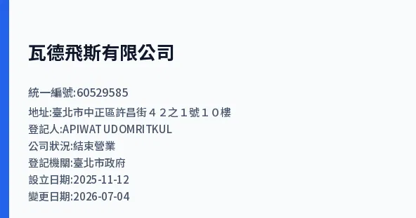 瓦德飛斯有限公司的照片-統編 60529585(臺北市) 公司登記資料與營業項目詳細圖表