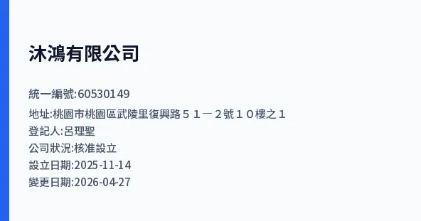 沐鴻有限公司的照片-統編 60530149(桃園市) 公司登記資料與營業項目詳細圖表