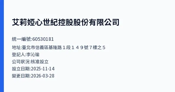 艾莉婭心世紀控股股份有限公司的照片-統編 60530181(臺北市) 公司登記資料與營業項目詳細圖表