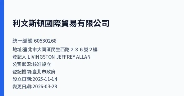 利文斯頓國際貿易有限公司的照片-統編 60530268(臺北市) 公司登記資料與營業項目詳細圖表