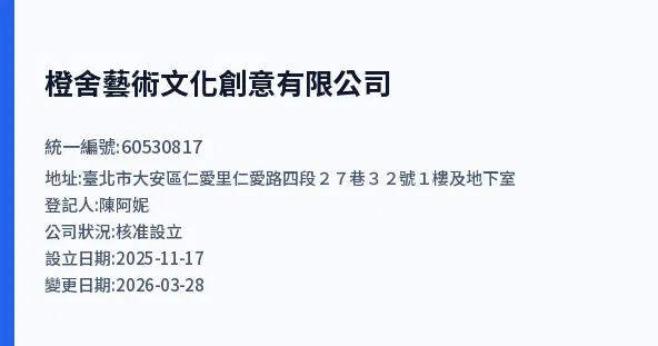 橙舍藝術文化創意有限公司的照片-統編 60530817(臺北市) 公司登記資料與營業項目詳細圖表