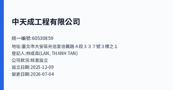 中天成工程有限公司的照片-統編 60530859(臺北市) 公司登記資料與營業項目詳細圖表