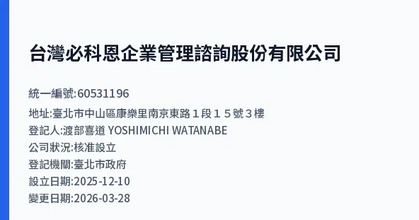 台灣必科恩企業管理諮詢股份有限公司的照片-統編 60531196(臺北市) 公司登記資料與營業項目詳細圖表