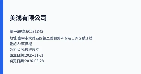 美鴻有限公司的照片-統編 60531843(臺中市) 公司登記資料與營業項目詳細圖表