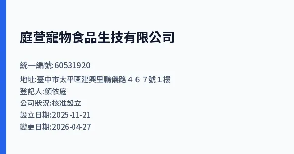 庭萱寵物食品生技有限公司的照片-統編 60531920(臺中市) 公司登記資料與營業項目詳細圖表