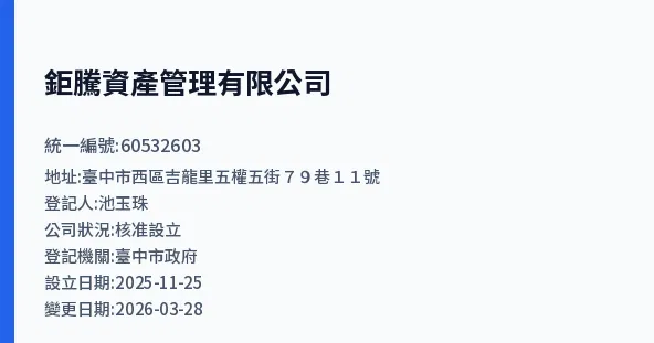 鉅騰資產管理有限公司的照片-統編 60532603(臺中市) 公司登記資料與營業項目詳細圖表