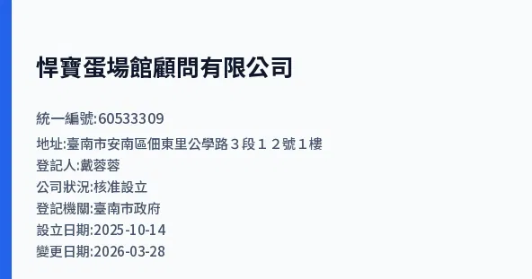 悍寶蛋場館顧問有限公司的照片-統編 60533309(臺南市) 公司登記資料與營業項目詳細圖表