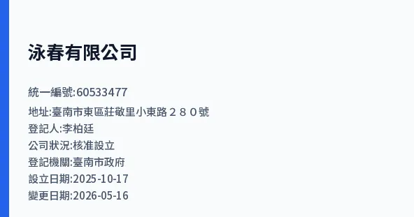 泳春有限公司的照片-統編 60533477(臺南市) 公司登記資料與營業項目詳細圖表